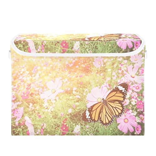 Blueangle Collapsible Storage Boxes 1 Pack, Cosmos Flower Field Butterfly Storage Baskets with Lids and Handle for Home Bedroom Closet Officeďź78ďź