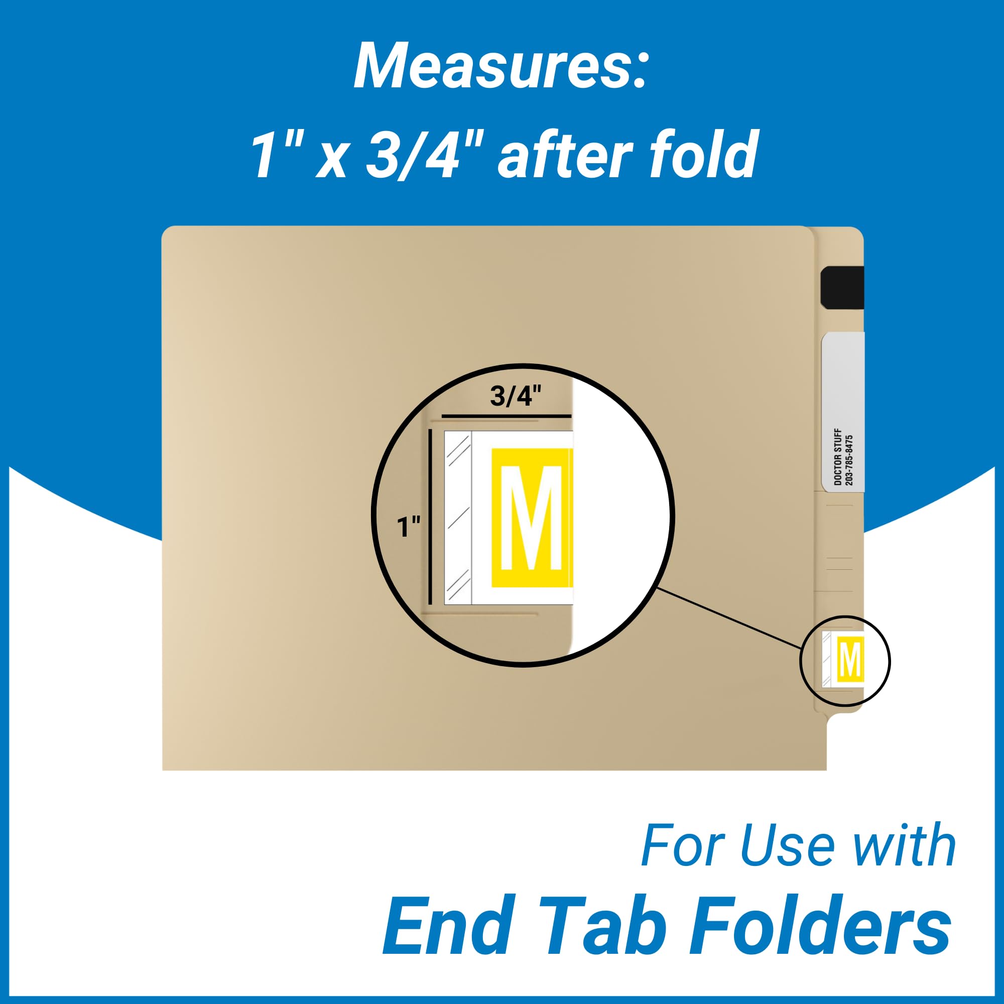 Doctor Stuff - File Folder Labels, Alphabet Letter M, Tabbies 12000 - Cram Series Compatible Alpha Stickers, Yellow, 1" x 1-1/2", 500/Roll