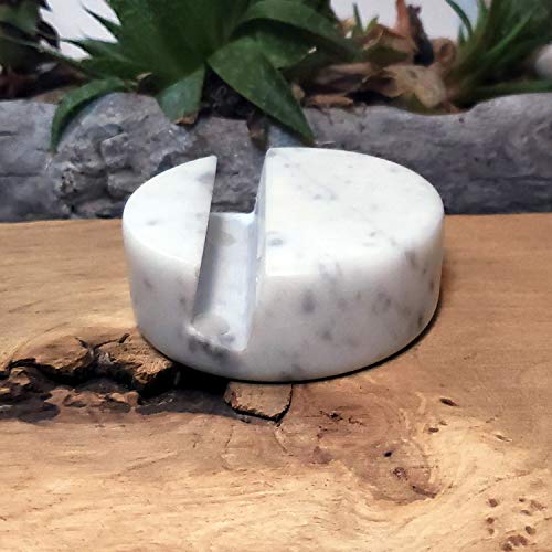 Crevasse Phone Stand by HigherHuman β Premium Carrara Marble Cell Phone Holder for Cellphone or Tablet on Your Desk, Counter, Table or Nightstand. Luxurious Solid Real Stone Phone Stand for Recording