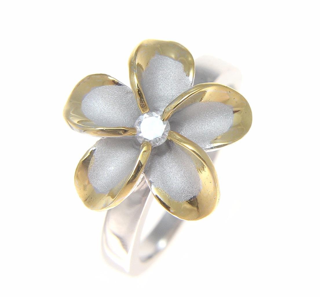 Arthur's Jewelry Sterling silver 925 Hawaiian plumeria flower cz ring 15mm rhodium and yellow gold plated 2 tone size 8.5
