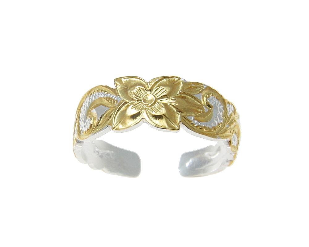 Arthur's Jewelry 925 sterling silver 2 tone yellow gold plated Hawaiian plumeria flower scroll 6mm cut out open toe ring