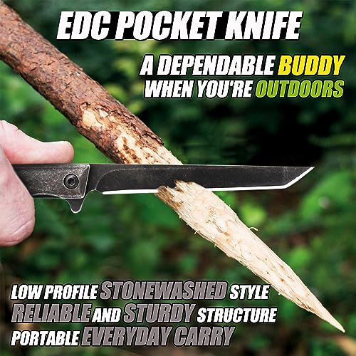 Carimee Pocket Knife with Pocket Clip, Sheath, D2 Steel Blade, Stonewashed Handle, EDC Gentleman Knife for Outdoor, Gift for Men LD02T