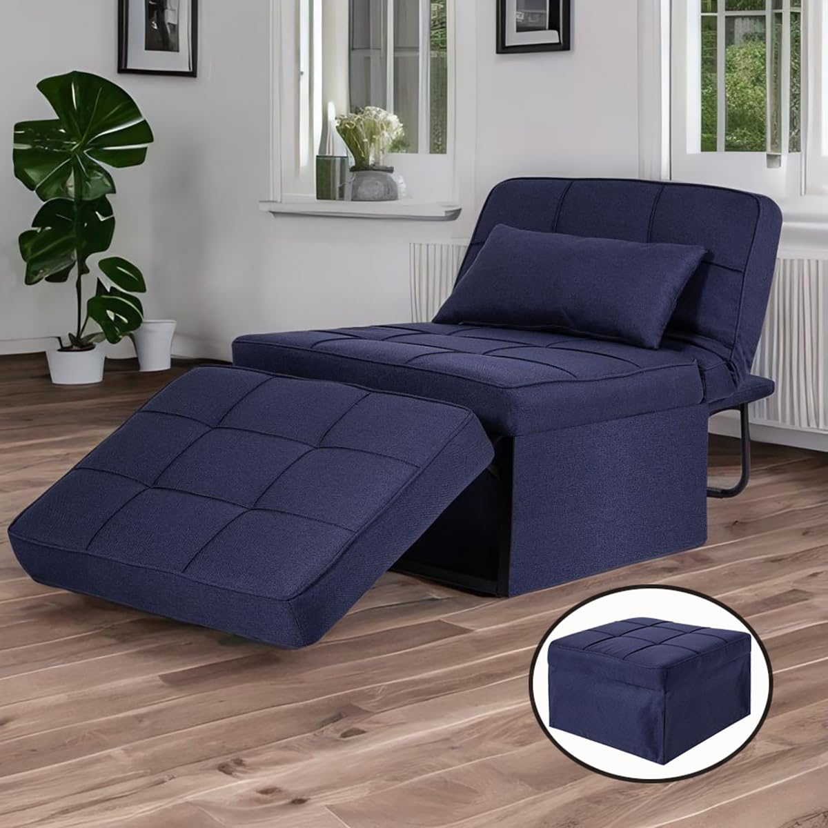 Seogwisam Convertible Sofa Bed,4 in 1 Multi Function Ottoman Bed,Assembly-Free Chair Bed Sleeper with Adjustable Backrest and Pillow-Navy Blue 28" W