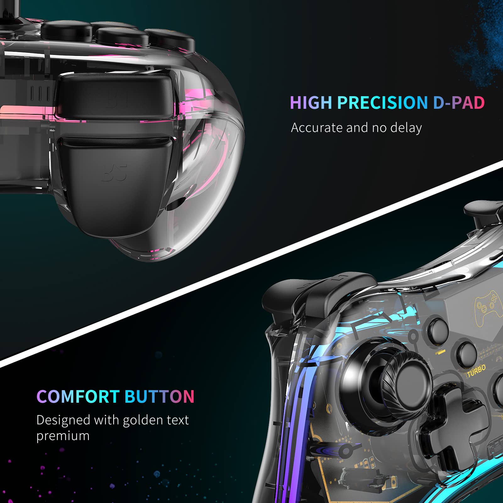Babomi Switch Controllers, Switch Pro Controller Compatible with Nintendo Switch/Oled/Lite, Pro Controller Switch with LED Lights, 6 Gyro Axis, Turbo and Dual Vibration (Transparent)