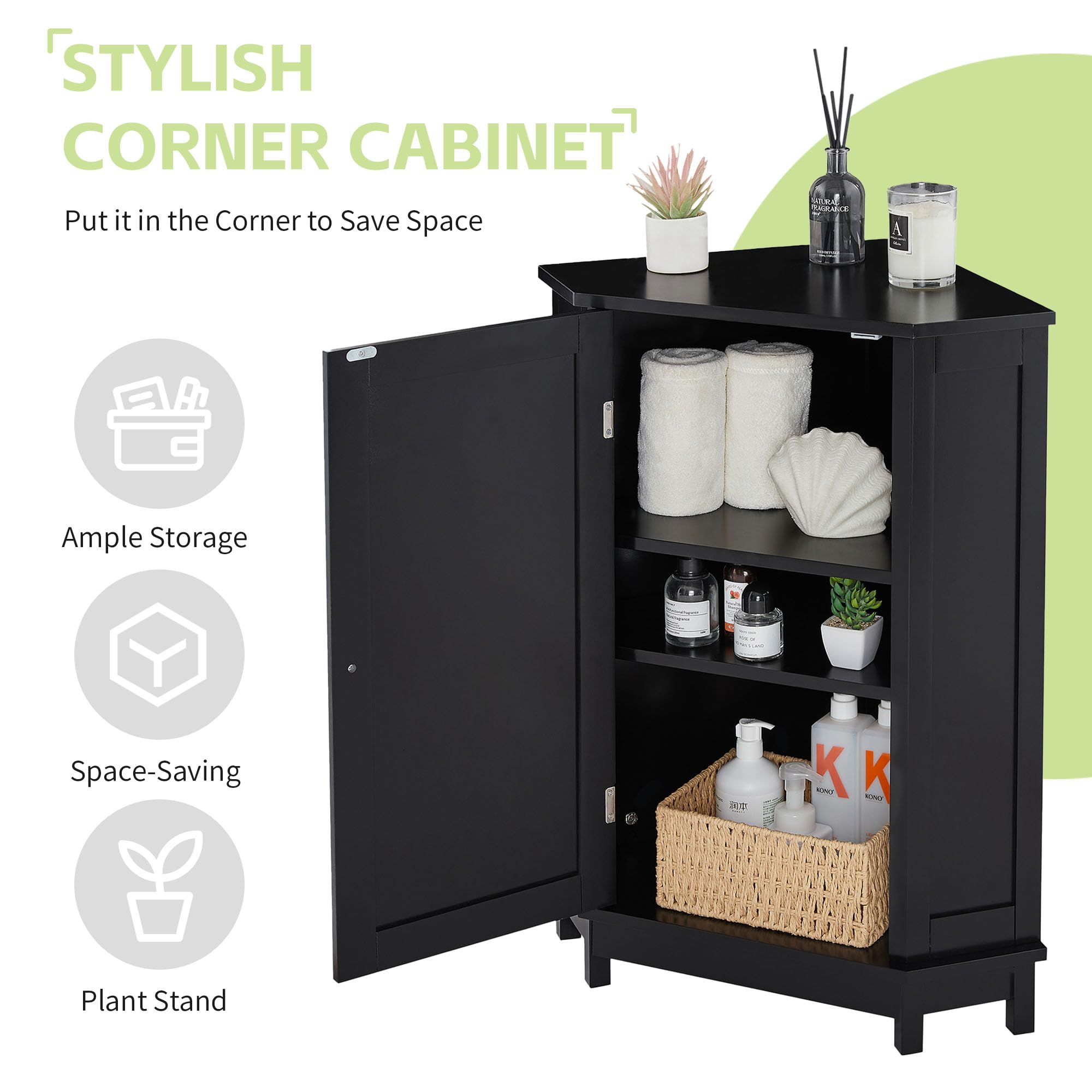 Mancofy Home Corner Storage Cabinet, Bathroom Triangle Corner Floor Cabinet, Wood Freestanding Corner Cabinet with Single Door and Shelves (Black)