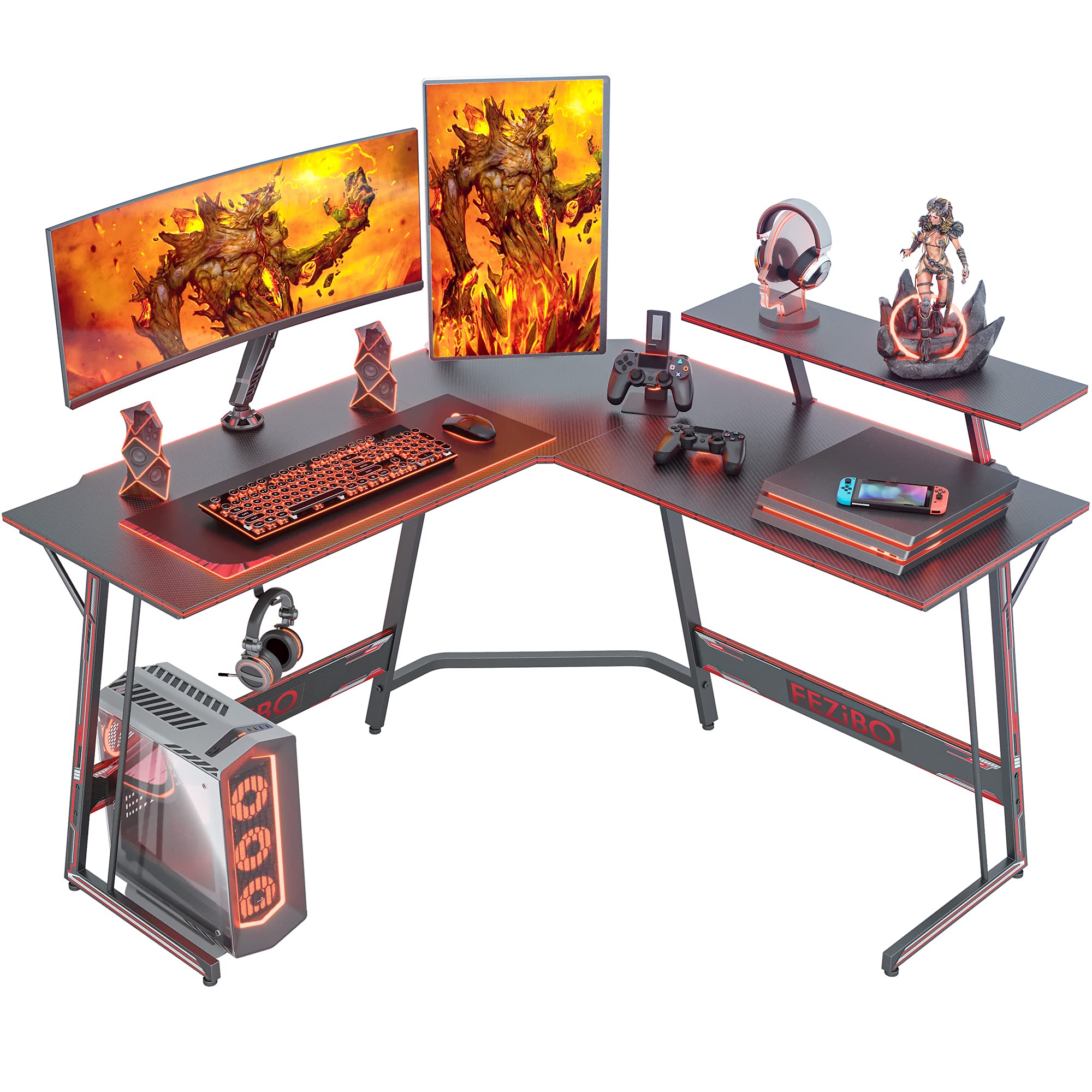 FEZIBO L Shaped Gaming Desk with LED Lighting, Computer Corner Desk PC Writing Table Gamer Workstation for Home Office, Black