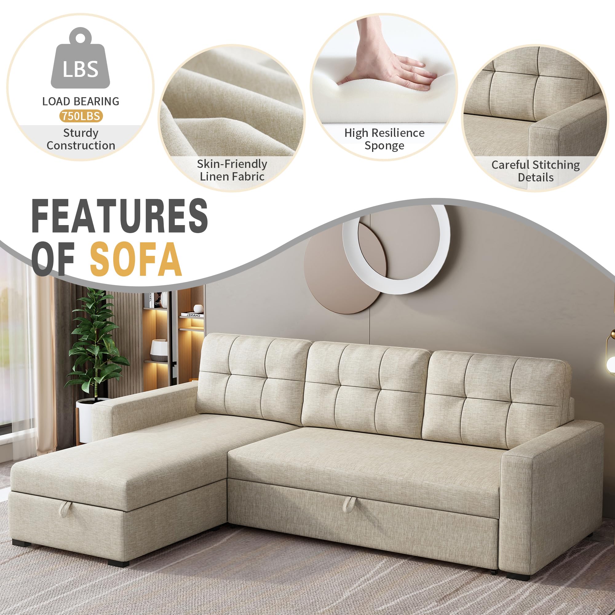 Ball & Cast 81.5β Convertible Sectional Sleeper Sofa, Upholstered L Shaped Pull Out Couch Sofa-Bed with Storage Recliner & Removable Back Cushions for Living Room Bedroom Office Apartment, Beige