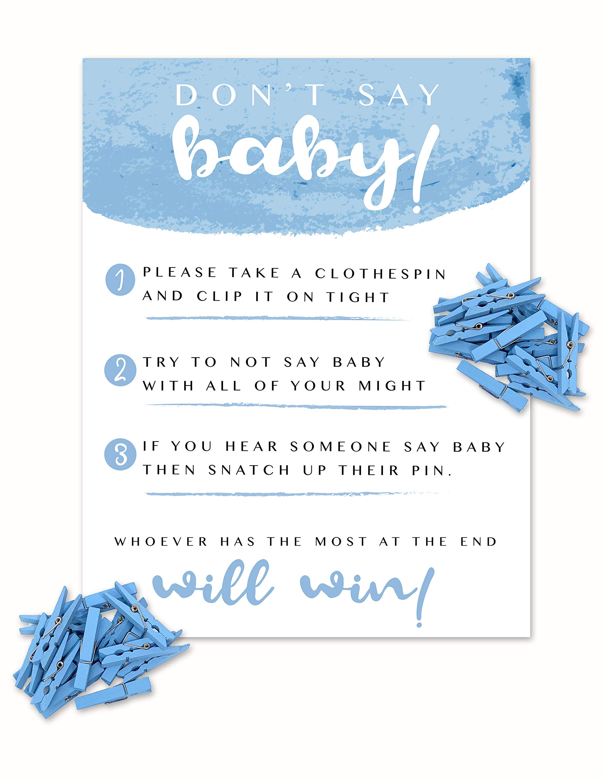 Don't Say Baby Game for Boy with Blue Natural Wooden Clothespins for Baby Shower Pins Game and Cute 5 x 7 Sign - 30 People - by Shower Games & Co.