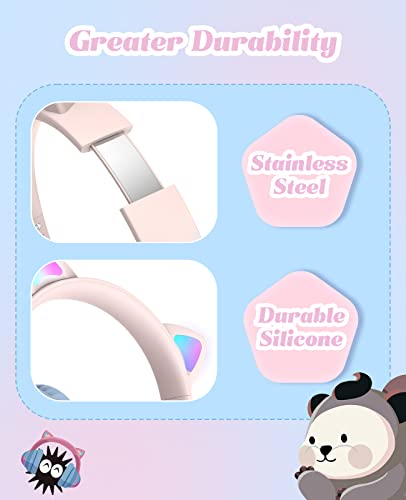 Bluetooth Headphones for Kids, Kid Odessey Cat Ears Wireless Kids Headphones, Bluetooth 5.3, 50H Playtime, 84/94dB Volume Limited, Colorful LED Lights, Built-in Mic Over-Ear Headsets for iPad/Tablet