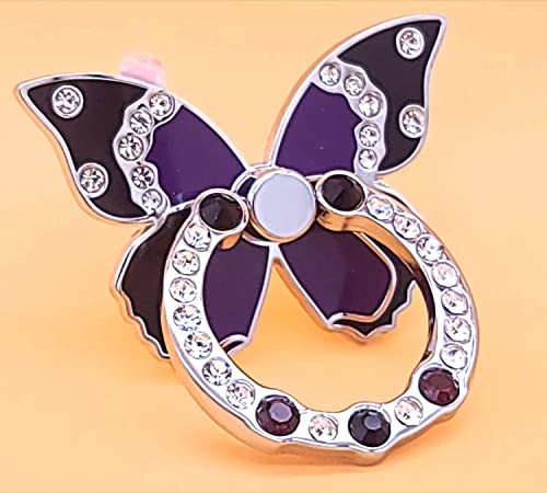 Butterfly Shaped Cell Phone Ring Holder, 360° Rotation Collapsible Grip Compatible with All Apple and Android Devices (Black/Purple)