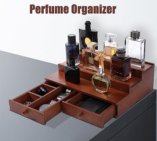 Boulphia Cologne Organizer for Men, Wooden Perfume Organizer for Dresser, Perfume Holder Cologne Stand with 3 Tier Display Shelf, Drawer and Hidden Compartment for Storing Perfumes and Accessories