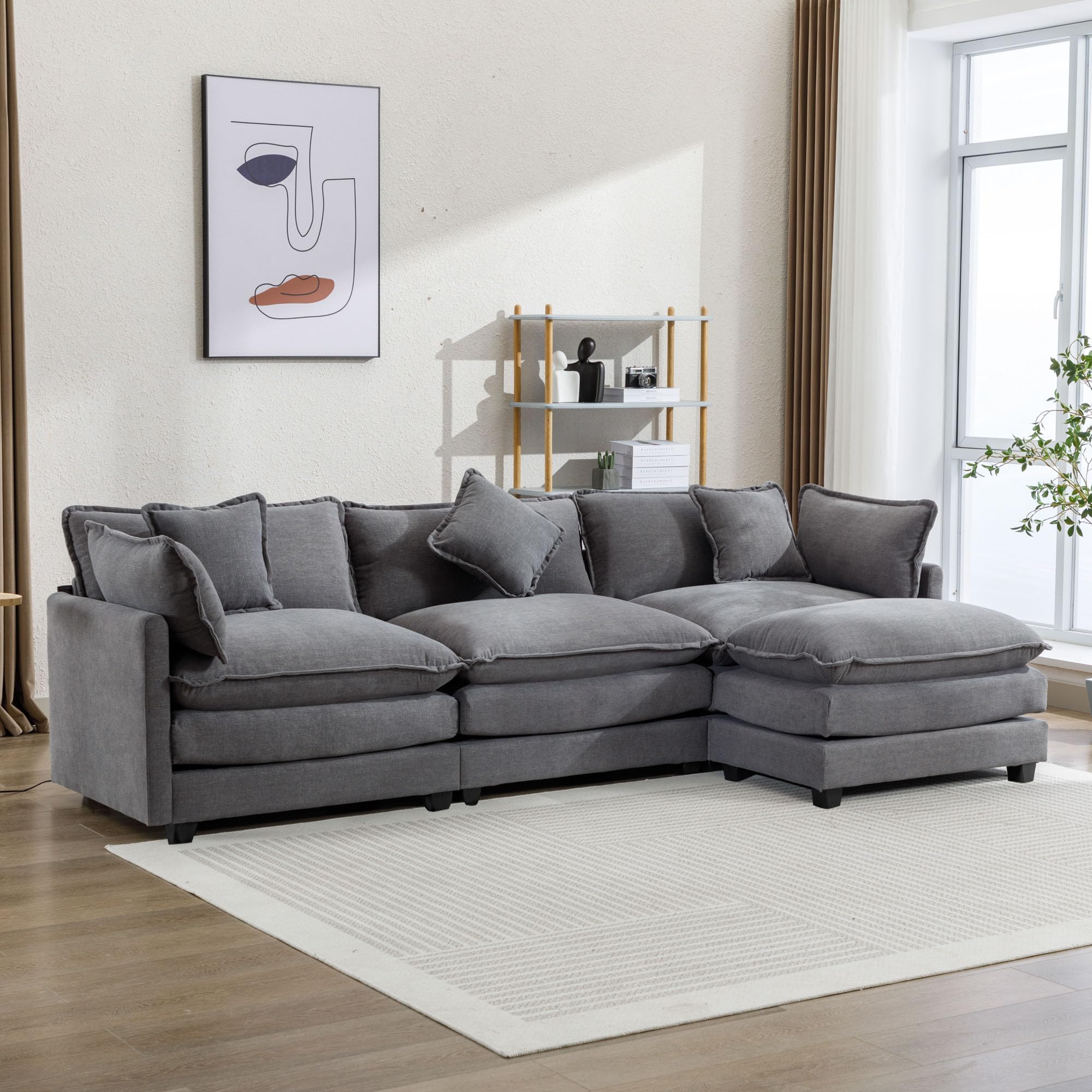 Ball & Cast 100.39" Modular Sectional Sofa with Removable Ottoman, L Shaped 3-Seater Cloud Couch with Pillows for Living Room,Apartment,Office,Grey