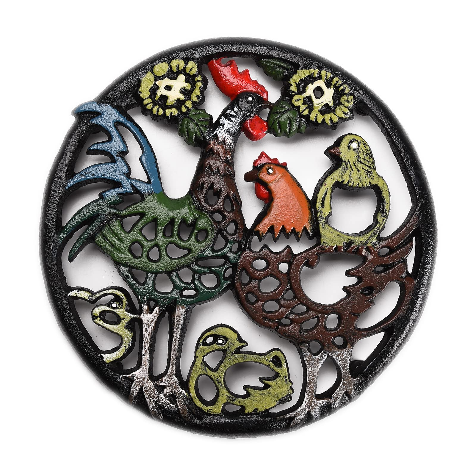 BRASSTAR Cast Iron Colorful Chicken Patterned Trivet for Hot Pots, Pans, Dishes, Decorative Kitchen Or Dining Table, Vintage Rusted Design with Rubber Pegs/Feet 7.9in(L) TQGJPT147