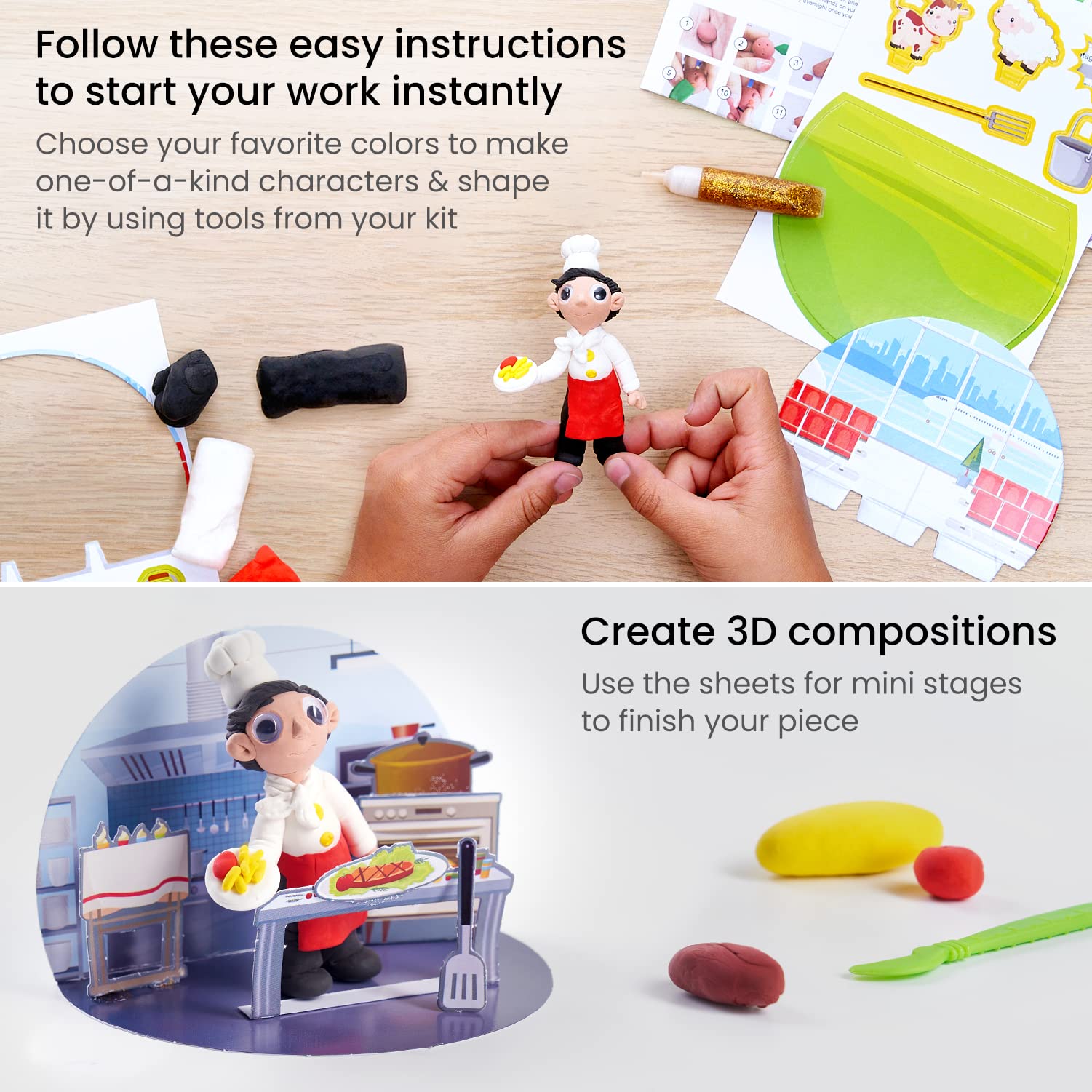 Arteza Kids Air Dry Clay, 42 Bars, Dream Career Modeling Clay Kit, 14 Mini-Stages, 14 Googly Eyes, 3 Glitter Glues, 1 Craft Tool, 7 Instruction Sheets, Craft Supplies for Learning and Developing