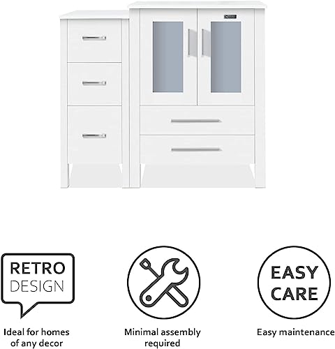 eclife 36" Bathroom Vanity Sink Combo White W/Side Cabinet Set Blue Boat Tempered Glass Vessel Sink & ORB Water Save Faucet & Solid Brass Pop Up Drain, W/Mirror (A29BU B02W)