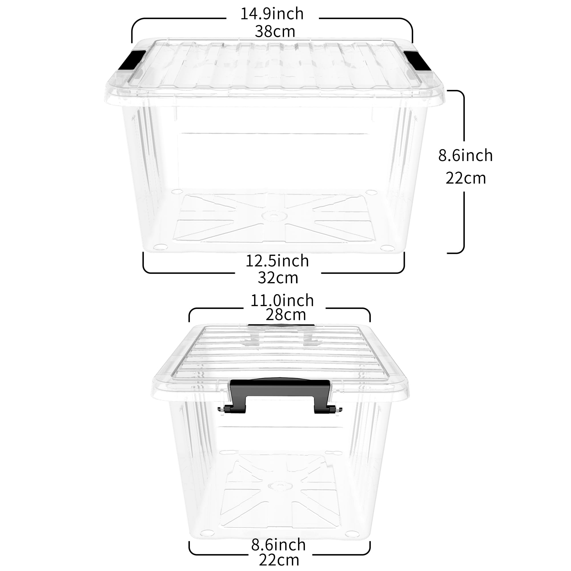 Cetomo 18Qt*4 Plastic Storage Bins, Storage Box, 4 Pack, Organizing Container with Durable Lid and Secure Clips, Stackable and Nestable, Clear with Black Buckle