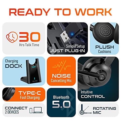 Bluetooth Headset with Noise Cancelling Mic and Charging Dock, Wireless Headphones with Mic, 2-Earpiece with Auto-Pair USB Dongle for PC/Laptop, Handsfree/Dual Connect/Mute, for Meet|Skype|Zoom|Teams