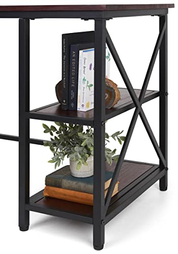Displays2go Industrial-Style Desk, Two Shelves, Steel X Sides - Dark Wood Tone (FDXDESKBRN)