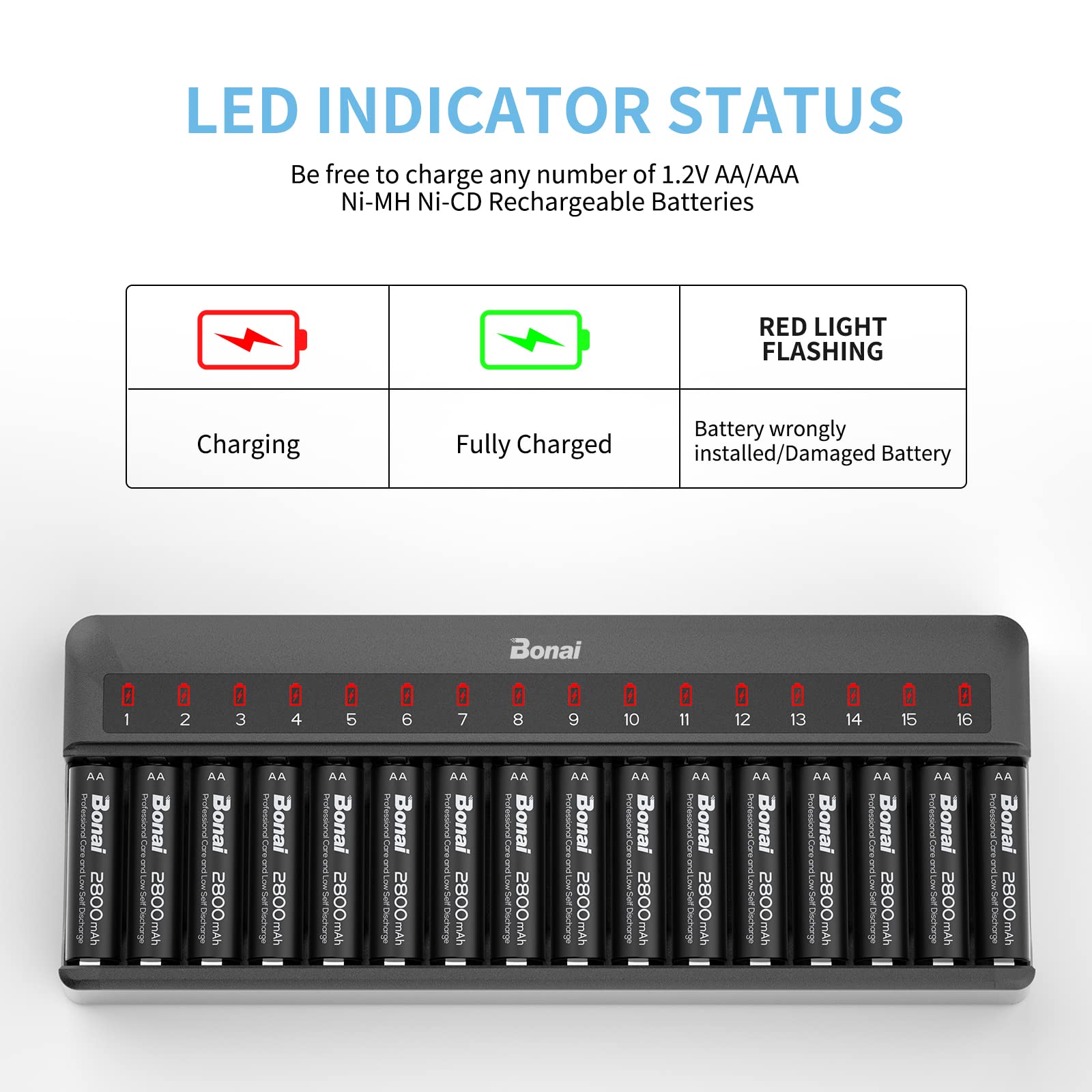BONAI Battery Charger for C D AA AAA Rechargeable Batteries, No Battery Included