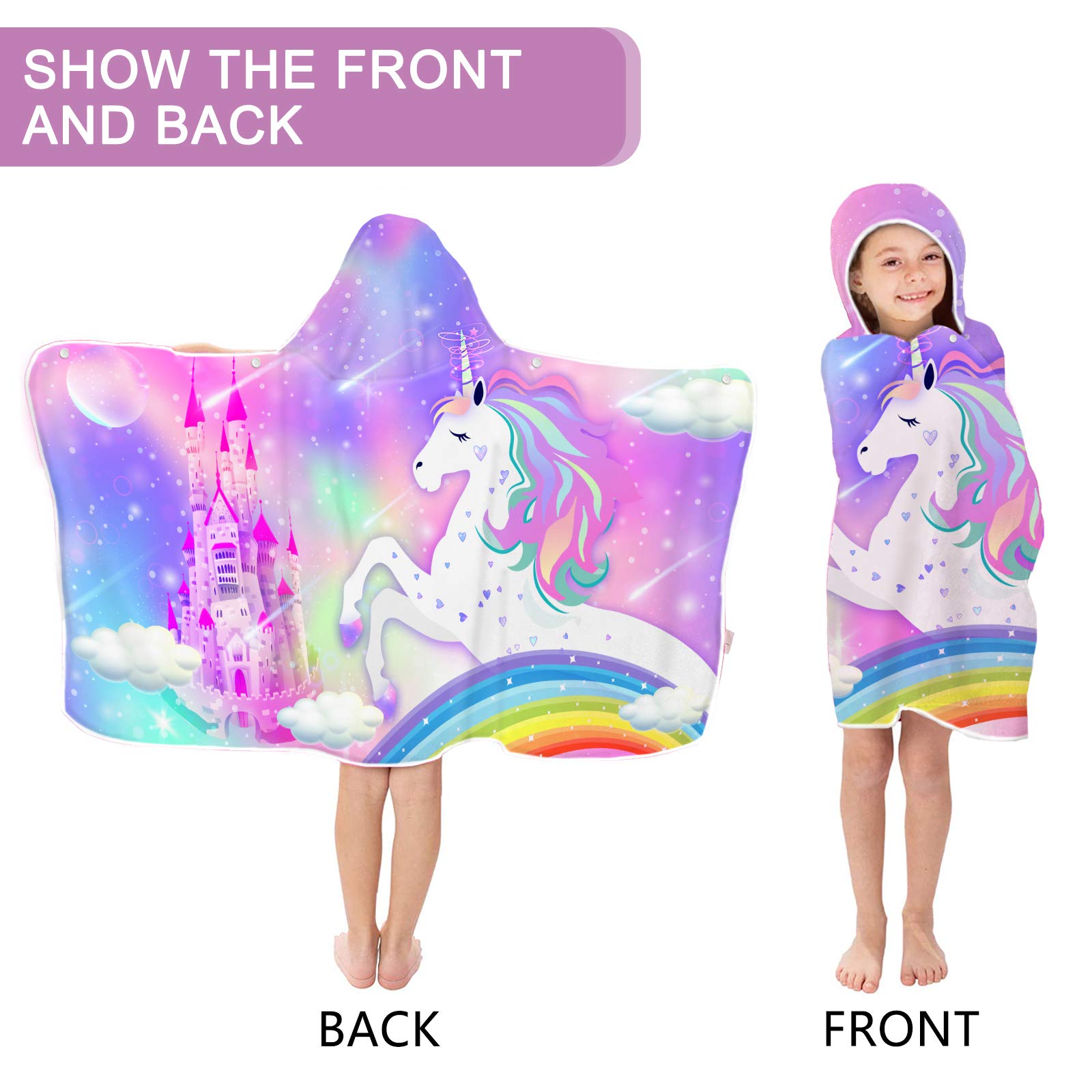 Bonsai Tree Unicorn Hooded Beach Towel for Kids, Cute Rainbow Bath Towel with Hood for Girls, Pink Magic Castle Microfiber Super Absorbent Soft Poncho Bathrobe for Swin Pool 30βx50β