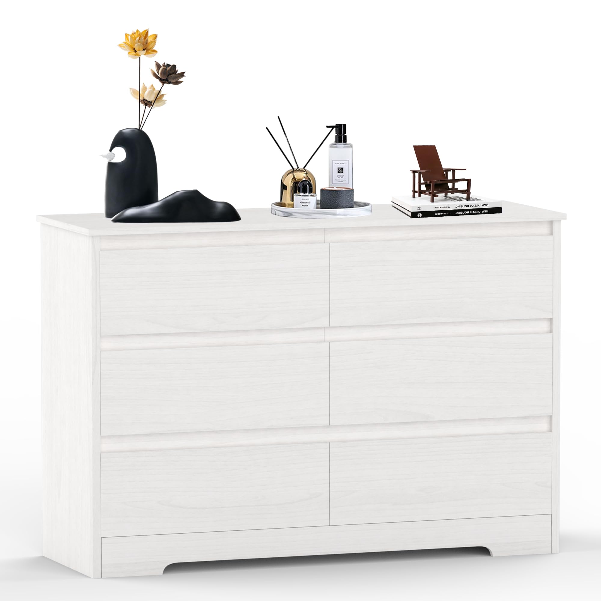 CATMIX Dresser for Bedroom, White Drawer Double Dresser, Wood Modern Drawer Chest of Drawers with Deep Drawers, Wide Storage Organizer Cabinet for Bedroom, Living Room, 6 Drawer Dresser