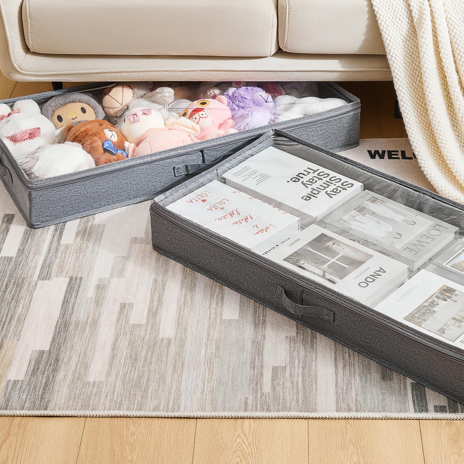 Berdeng 3 Pack Under Bed Storage Containers, Low Profile Underbed Shoes and Clothes Storage Organizer with Sturdy Sidewalls/Bottom, Large Dorm Storage Bins,33 * 17 * 4.5 inches,45L