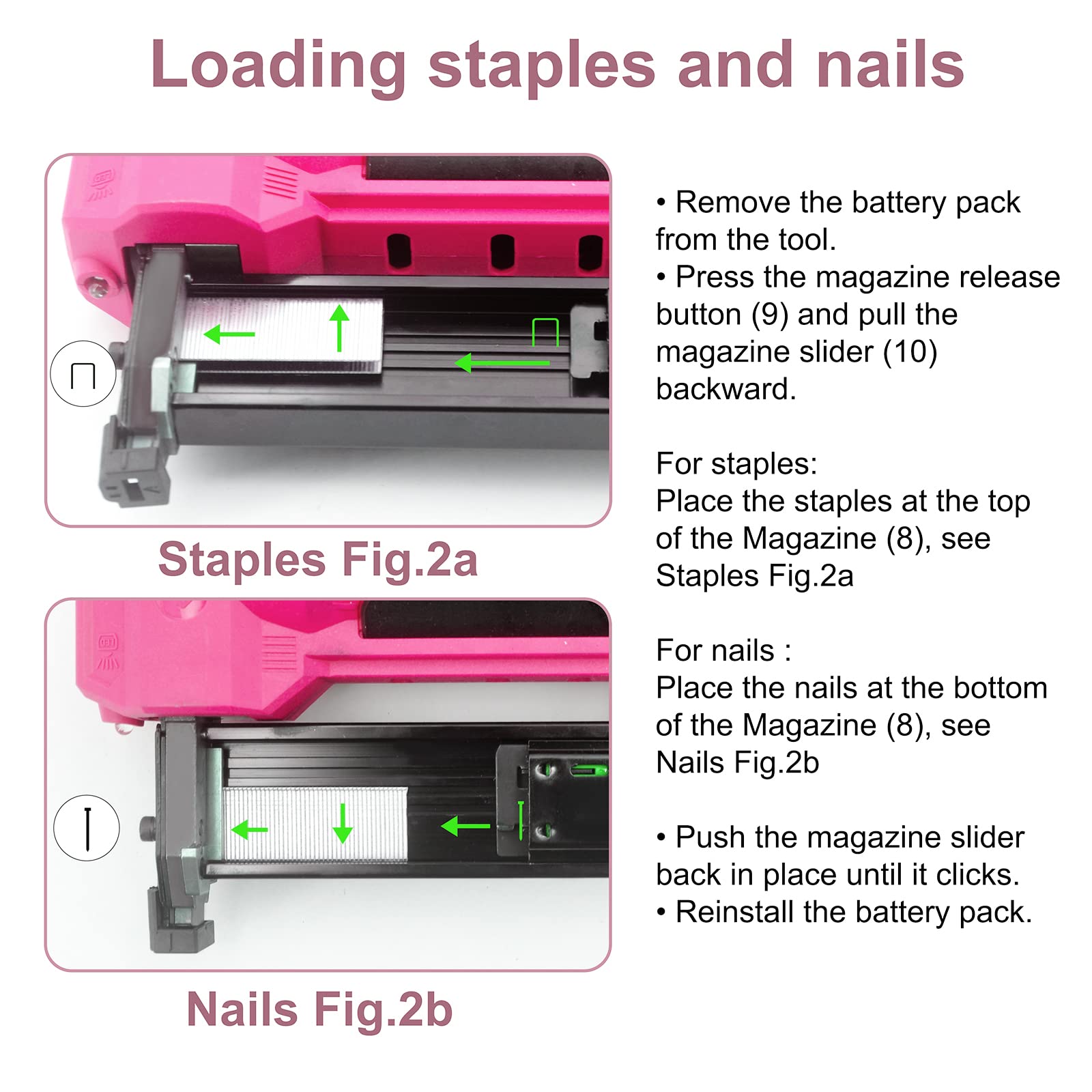 BHTOP 20V Cordless Brad Nailer&Stapler, 18 Gauge 2 in 1 Stapler Kit, Heavy Finish Nail Gun with 2.0A Rechargeable Battery, Charger, 2500 Brad Nails and 500 Staples in Pink