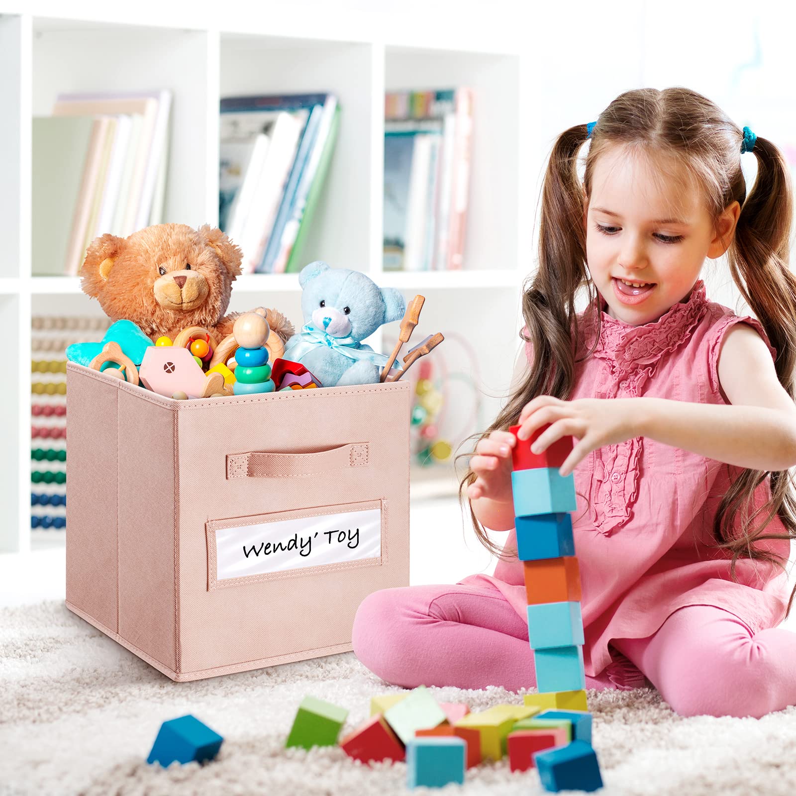 artsdi Set of 10,Foldable Cube Storage Bins with 10 Labels Window Cards & a Pen,Baskets Containers for Shelves,Closet Organizers Box for Home & Office,Pink