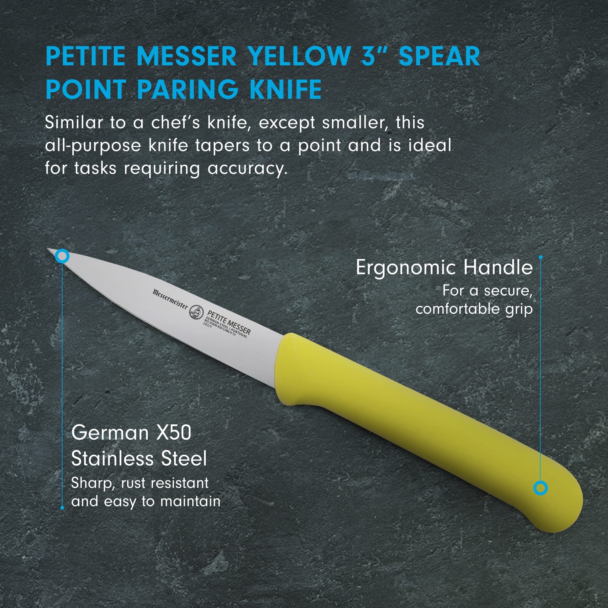 Messermeister Petite Messer 3” Spear Point Parer with Matching Sheath, Yellow - German 1.4116 Stainless Steel & Ergonomic Handle - Lightweight, Rust Resistant & Easy to Maintain