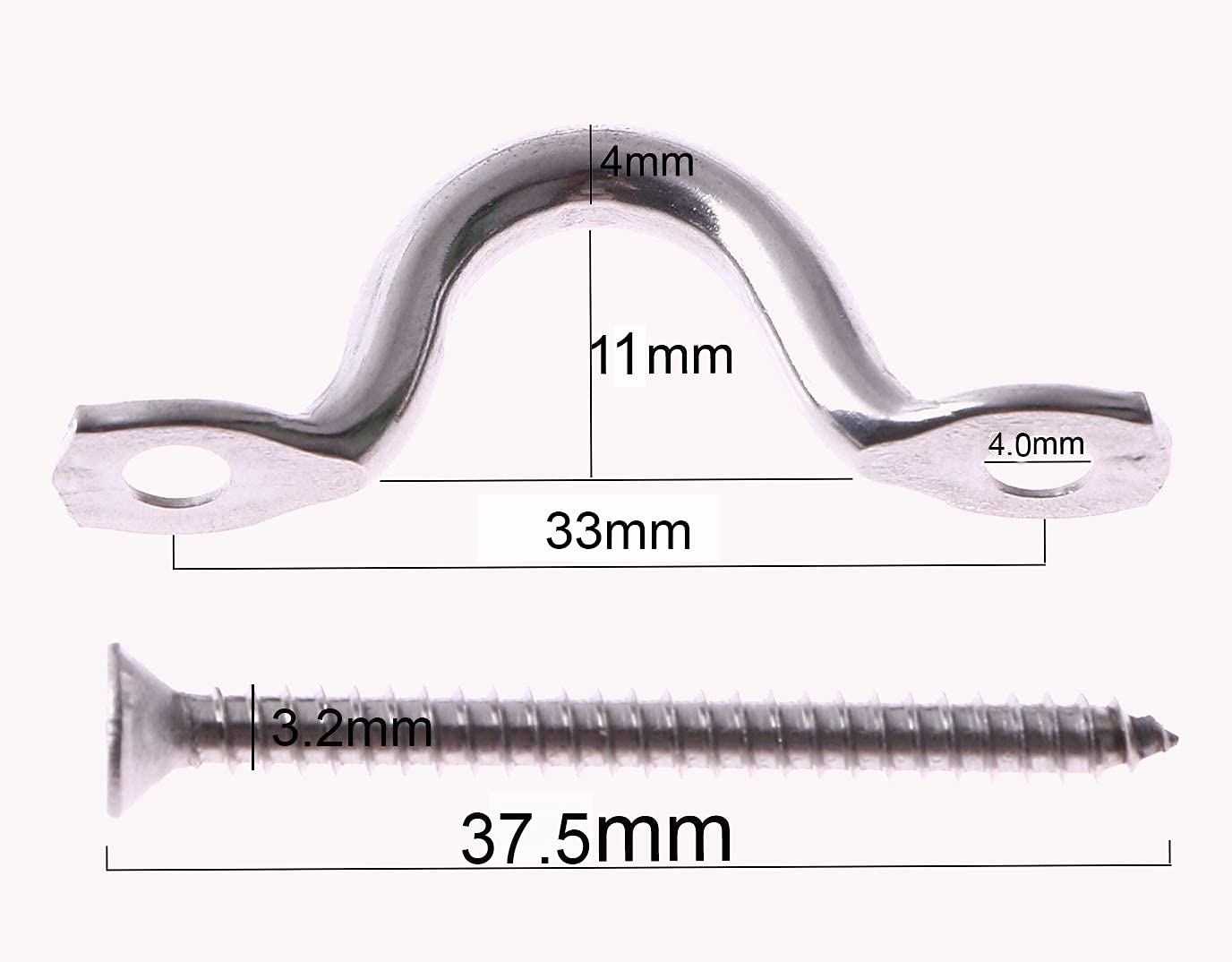 PENTA ANGEL 10PCS 1/4" 316 Stainless Steel M4 Pad Eye Deck Loops Strap with 20PCS 3.5mm Fast Installation Standard Cross Flat Head Tapping Wood Screws (M4-10PCS)