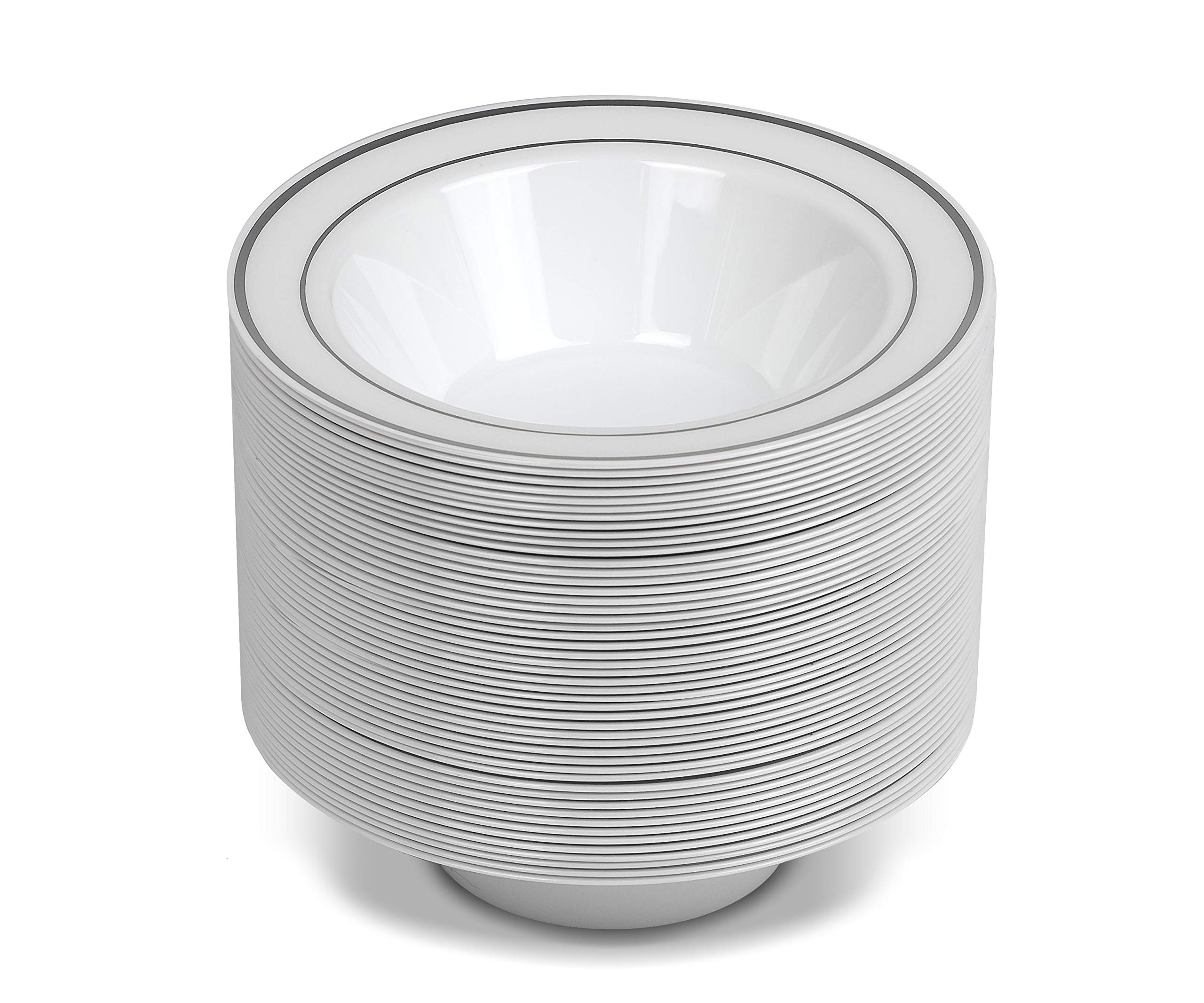 BloominGoods 50 Disposable White Silver Trim Plastic Dessert Bowls | SMALL 6 oz. Premium Heavy Duty Disposable Dinnerware with Real China Design | Safe & Reusable and Great for Parties (50-Pack)