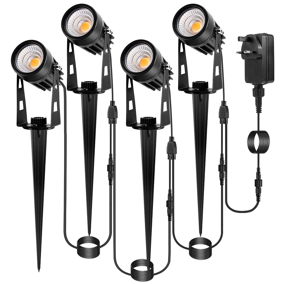 Greenclick Landscape Lighting, 3W 12V Extendable Low Voltage 4 in 1 Landscape Lights with Transformer IP65 Waterproof 1200 Lumen Outdoor Spotlight for Garden Walls Trees Flag Pathway, Warm White, 15M