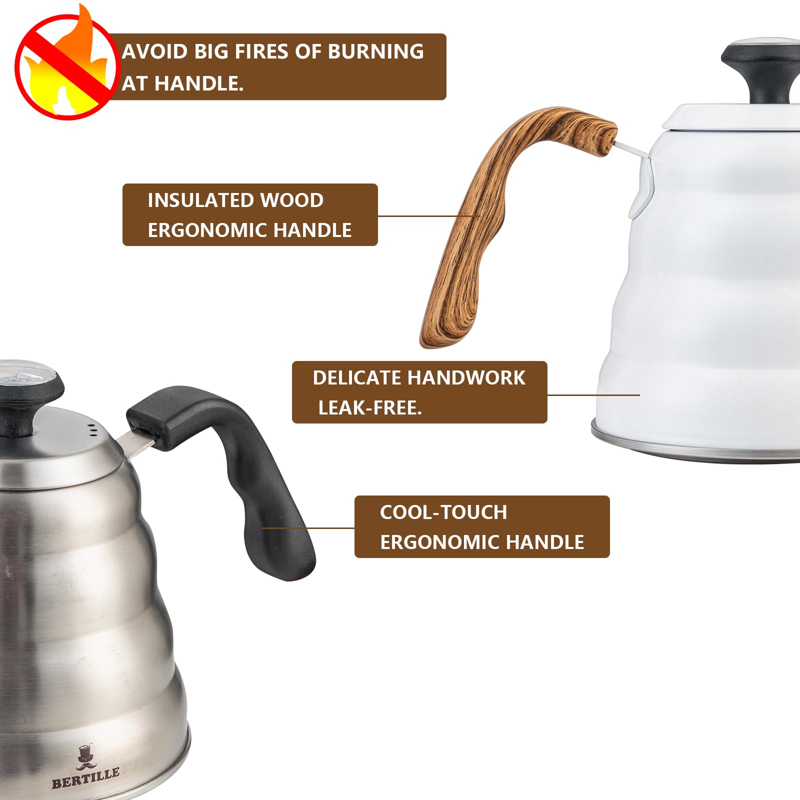 BERTILLE Gooseneck Coffee Kettle Tea Kettle with Thermometer 40 fl oz/1200 ml, premium stainless steel kettle body and ergonomic handle + 1.1 oz coffee bean storage canister(Black)