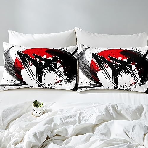 Castle Fairy Kungfu Sheet Set,Kids Ink Tie-dye Bed Sheets Set,Black and Red Bedding Set for Boys Teens Sheets Soft Room Decor Twin Size(1 Flat Sheet+1 Fitted Sheet+1 Pillowcase)