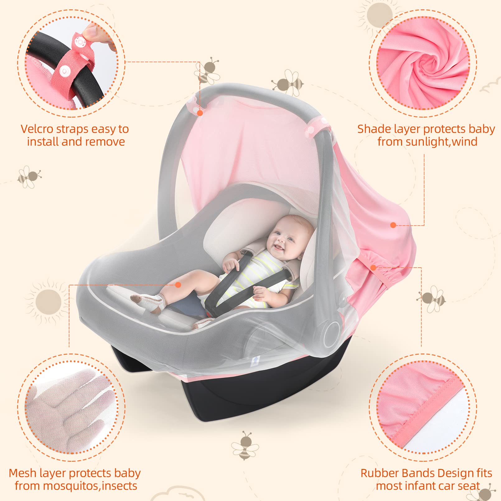 Baby Car Seat Cover - Cozy Sun & Bug Covers Infant Car Seat Covers for Babies Baby Canopy - Baby Carseat Cover Lightweight Stretchy Breathable Soft Comfortable