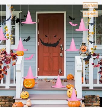Whaline 14Pcs Halloween Pink Witch Hat with 109 Yards Hanging Rope 32Pcs 3D Bat Stickers Scary Witch Cap Halloween Hanging Decoration for Halloween Home Inside Outside Garden Yard Lawn Decoration