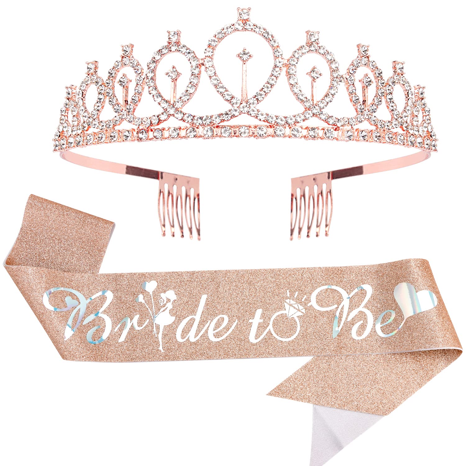 CIEHER Bride To Be, Rose Gold Bridal Shower Decorations, Bridal Shower, Bride Tiara, Cute Bridal Shower Gift for Bride, Engagement Party, Bachelorette Decorations, 2 Piece Set, Crystal