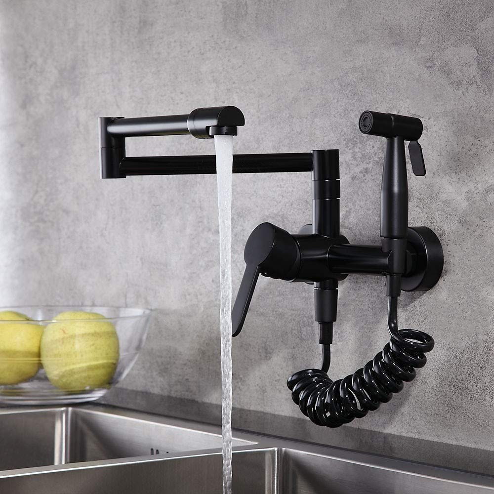 BULUXE Black Pot Filler Kitchen Sink Faucet with Sprayer, Modern Single Handle Retractable Wall-Mount Pot Filler Faucet with Swing arm in Matte Black Solid Brass