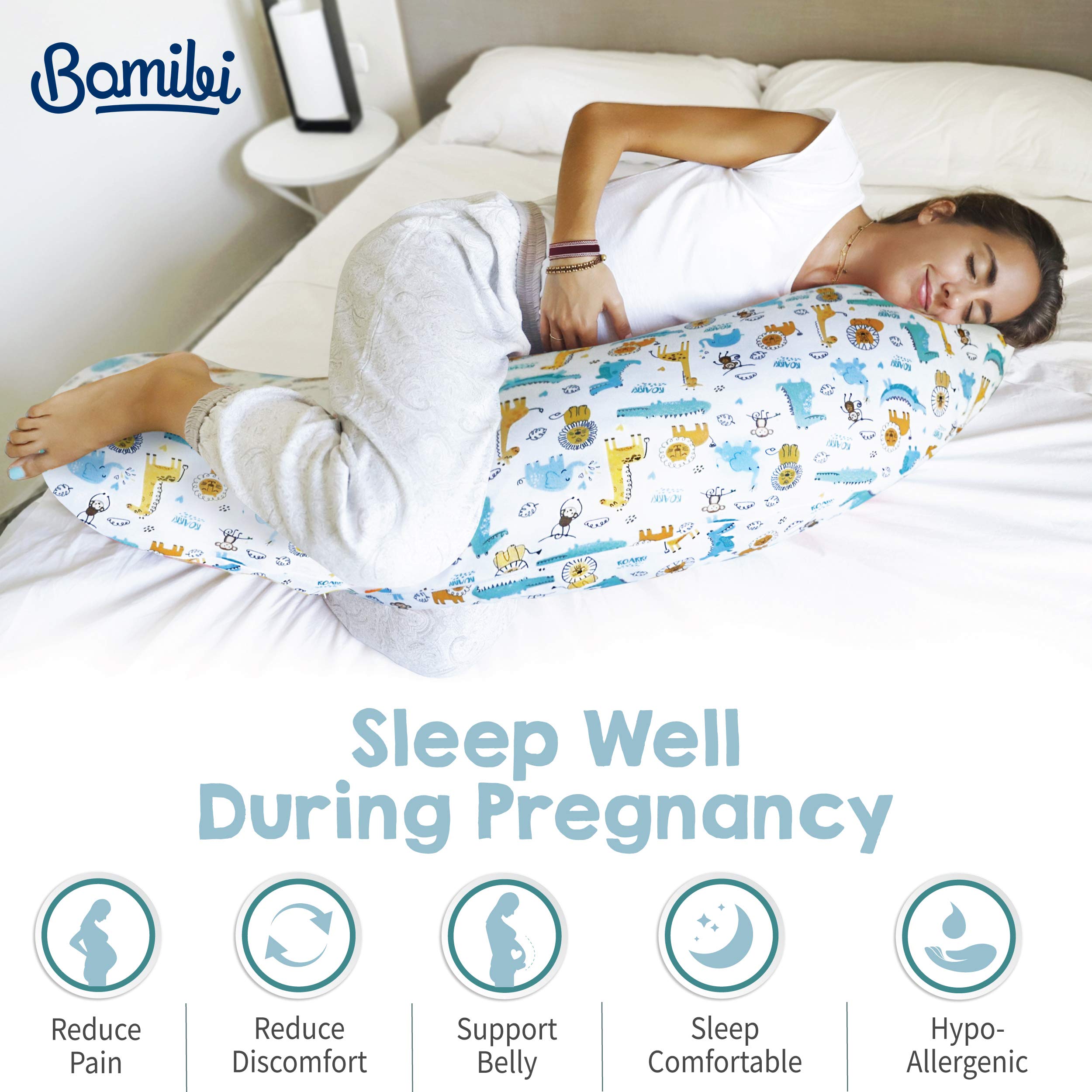 Bamibi® Pregnancy Pillow - Full Body Support Maternity Pillow for Sleeping – Providing Support for Adults and Pregnant Women Back, Hips, Legs & Belly - Removable 100% Cotton Cover (Animals)