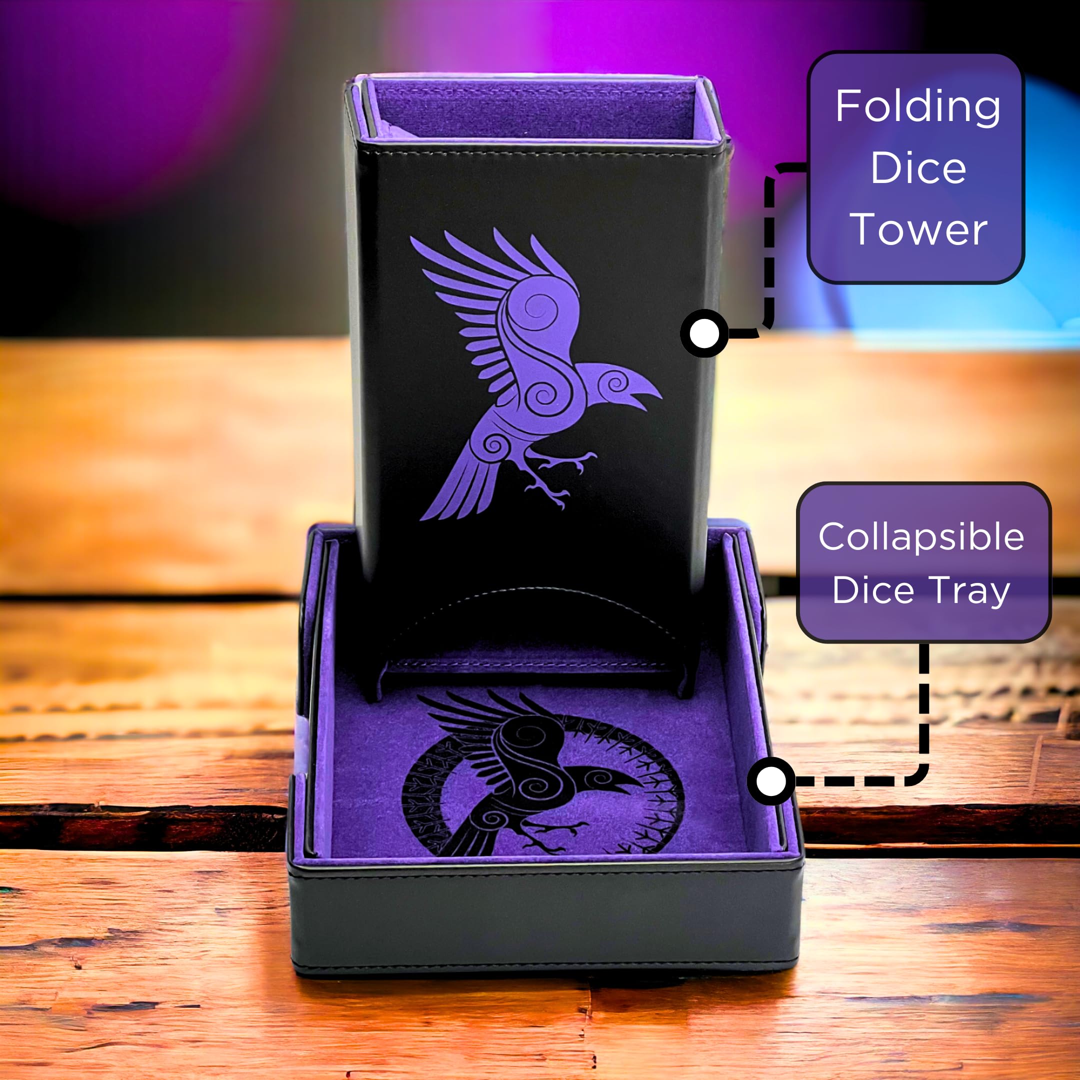 Luck Lab Folding Dice Tower and Dice Tray for RPG Table Top Gaming - Black/Purple - Raven Design