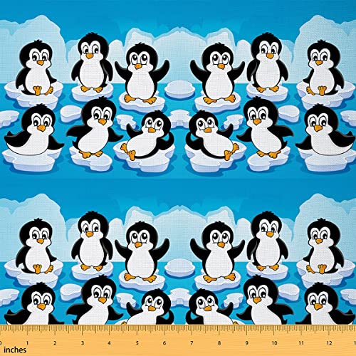Cartoon Penguin Fabric by The Yard Cute Baby Penguins Playing Water Various Poses Upholstery Fabric for Kids Boys Girls Summer Decorative Fabric,DIY Art Outdoor Fabric for Quilting,2 Yards,Blue White