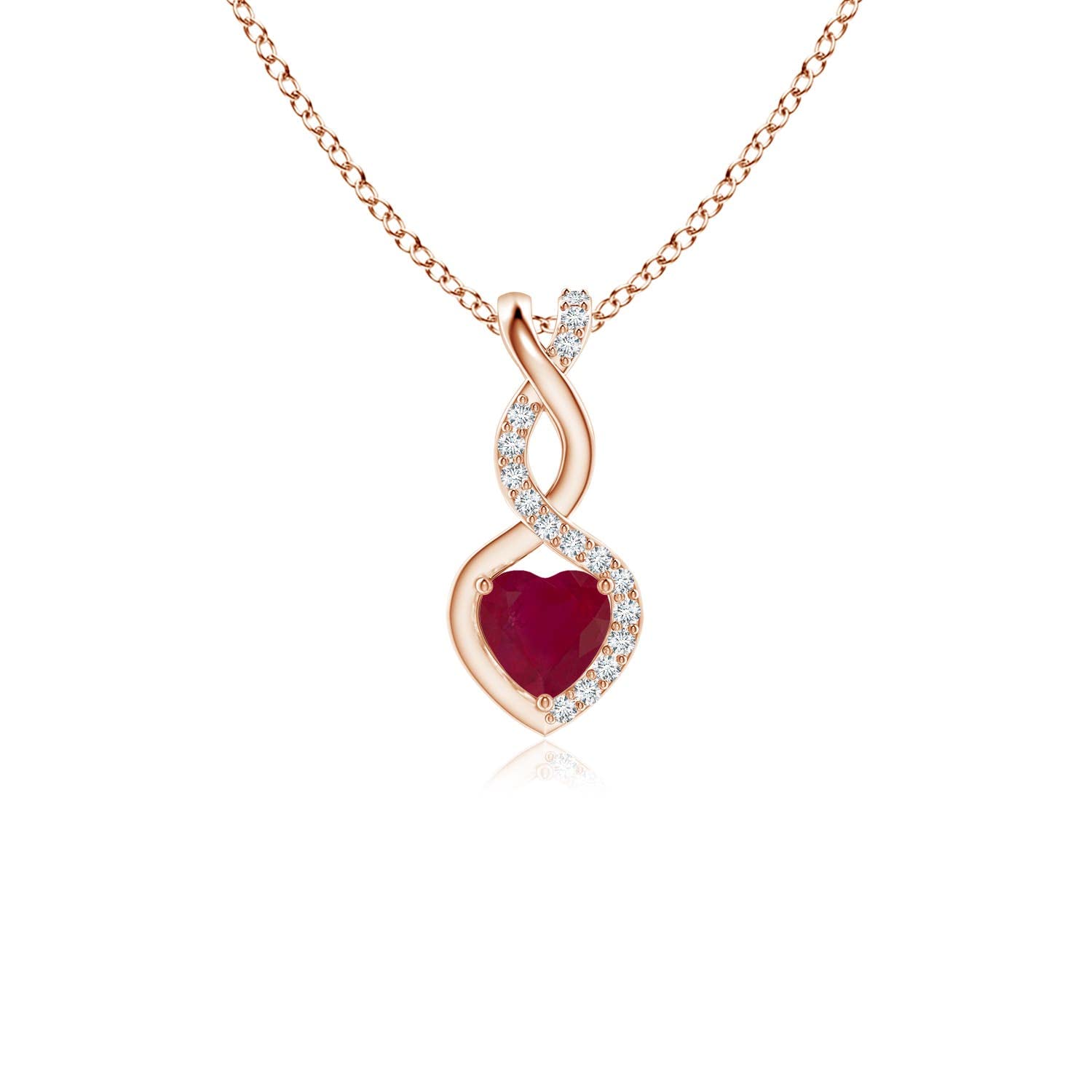 Angara July Birthstone - Ruby Infinity Heart Pendant Necklace with Diamonds in 14K Rose Gold (4mm Ruby)