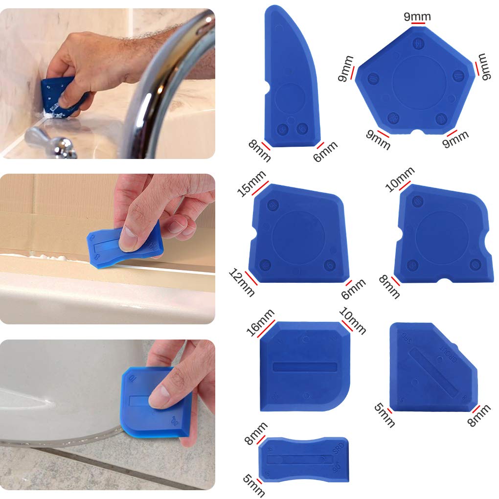 Caulking Tool, 12 Pieces Silicone Sealant Finishing Grout Tools Kit, Caulk Skirting Boards & Base Boards Replaceable Pads, for Bathroom Kitchen Sealing Hand Caulk Removal Tool (Blue)