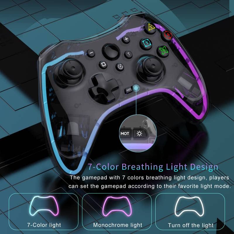 arVin Mobile Gaming Controller for iPhone/iPad/iOS/Android/Tablet/PC/PS5/PS4/PS3/Switch Transparent Bluetooth Gamepad Joystick with Phone Holder/Back Button/Turbo/RGB Light/Vibration/6-axis Gyro