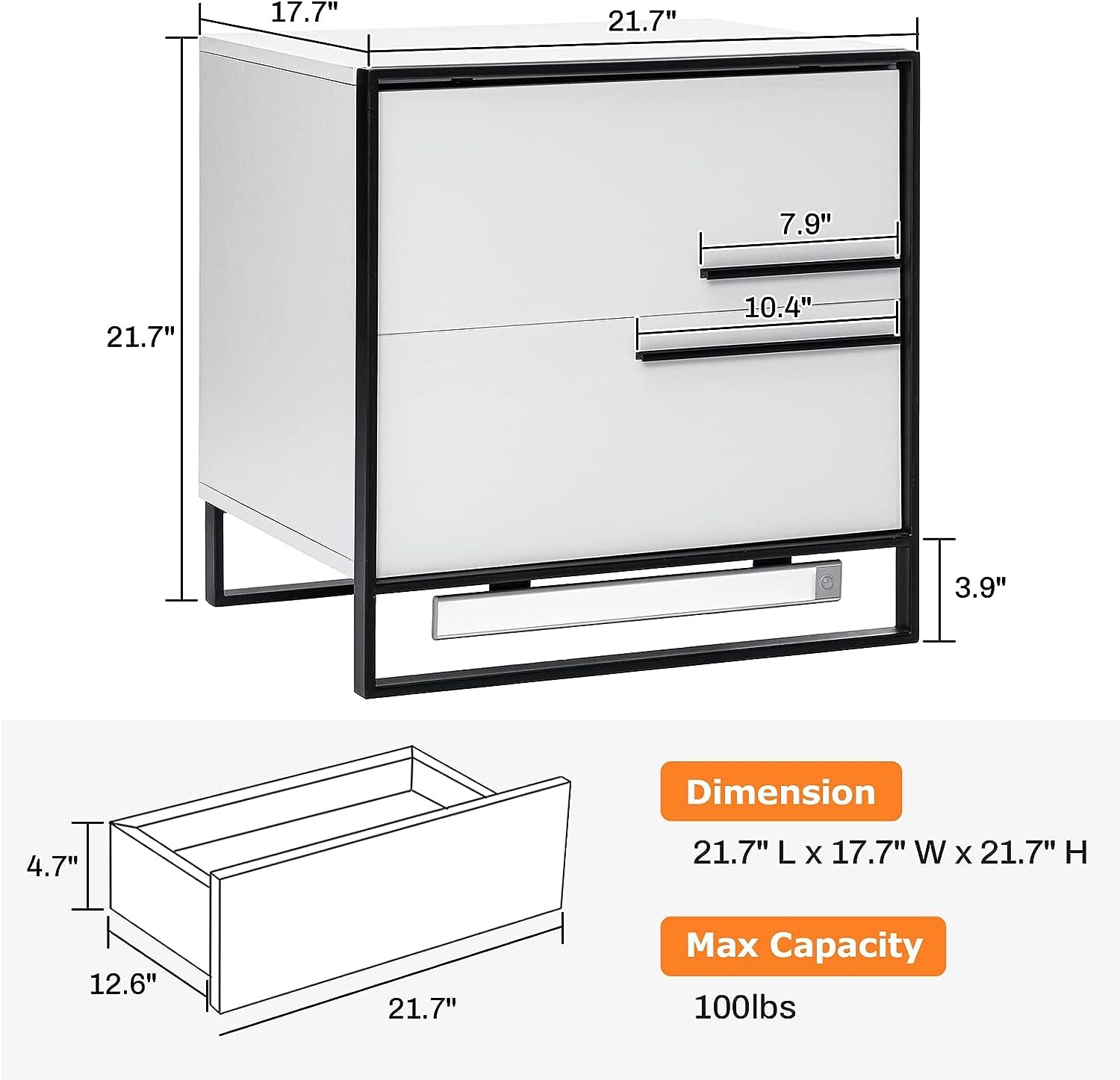 HOMMPA Nightstand with Auto Led Light Grey Night Stand with Infrared Sensor Lights 3 Colors Adustable Brightness Led Bedside Table with Metal Frame 2 Drawers High Gloss Modern Night Stand for Bedroom