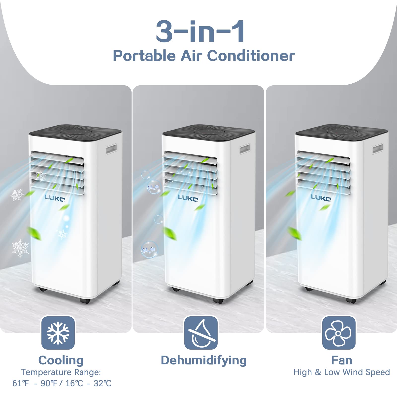 LUKO Portable Air Conditioner 8000 BTU, Cooling, Fan, Dehumidifier 3-in-1 AC Unit for Rooms up to 300 Sq. Ft, Includes Child Lock, Remote Control and Window Kits