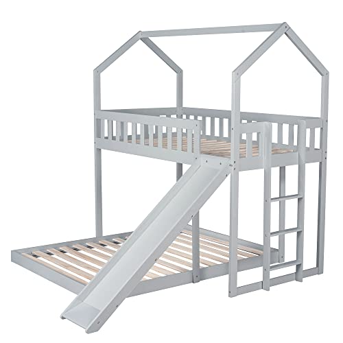 DEYOBED Twin Over Full Wooden Bunk Bed with Slide for Kids Teens