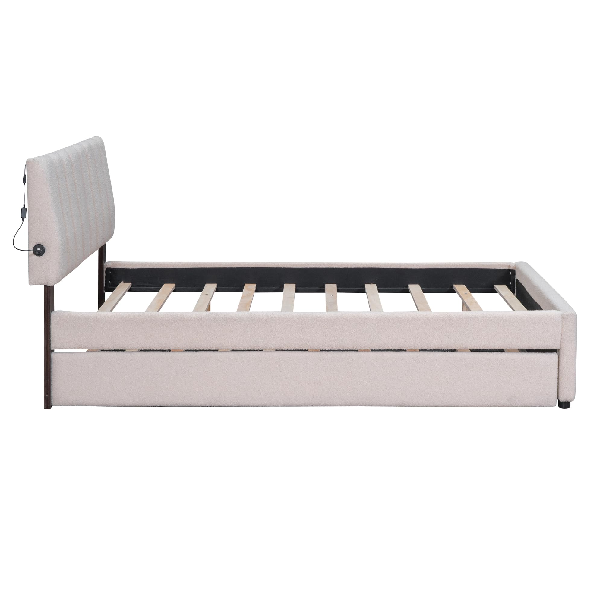 Brisca Full Size Teddy Fleece Upholstered Platform Bed with Trundle and LED,Bed Frame W/Stripe Designed Headboard,for Bedroom,Apartment,Guest Room,Beige