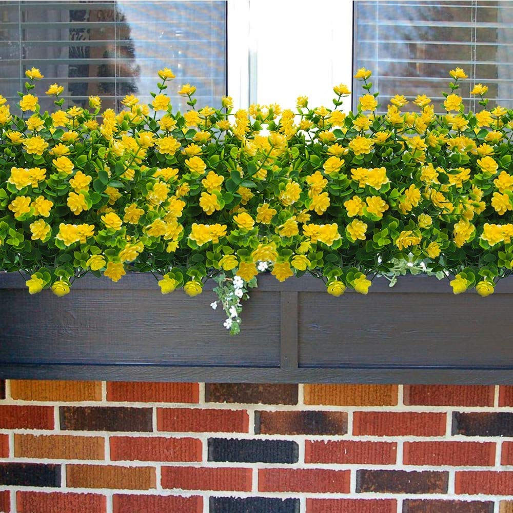 KUPOO Artificial Greenery Plants Fake Plastic Boxwood 6PCS Artificial Greenery Stems for Farmhouse Home Garden Wedding Indoor Outside Decor (Yellow)