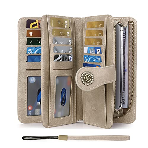 CLUCI Wallet for Women Leather Large Capacity Purse Wristlet Clutch RFID Blocking Credit Card Holder with ID Window Two-toned Gray